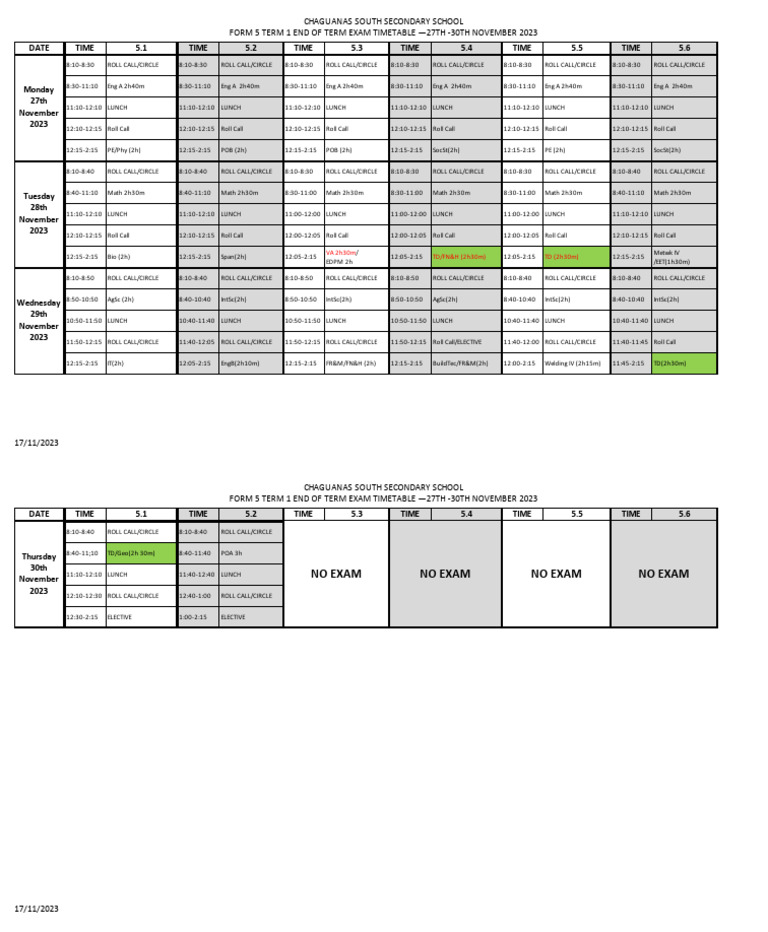 Form 5 Exam Timetable-Term 1 2023-24 | PDF