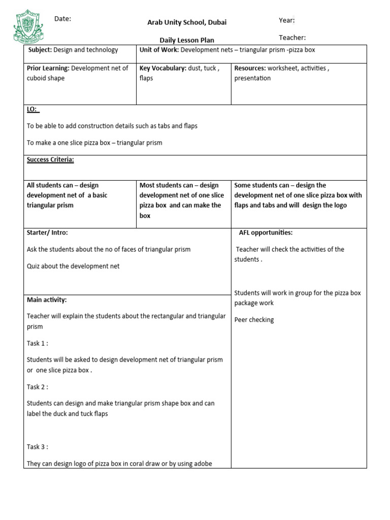 Lesson Plan - Pizza Box - D2 Y9 | PDF | Lesson Plan | Learning
