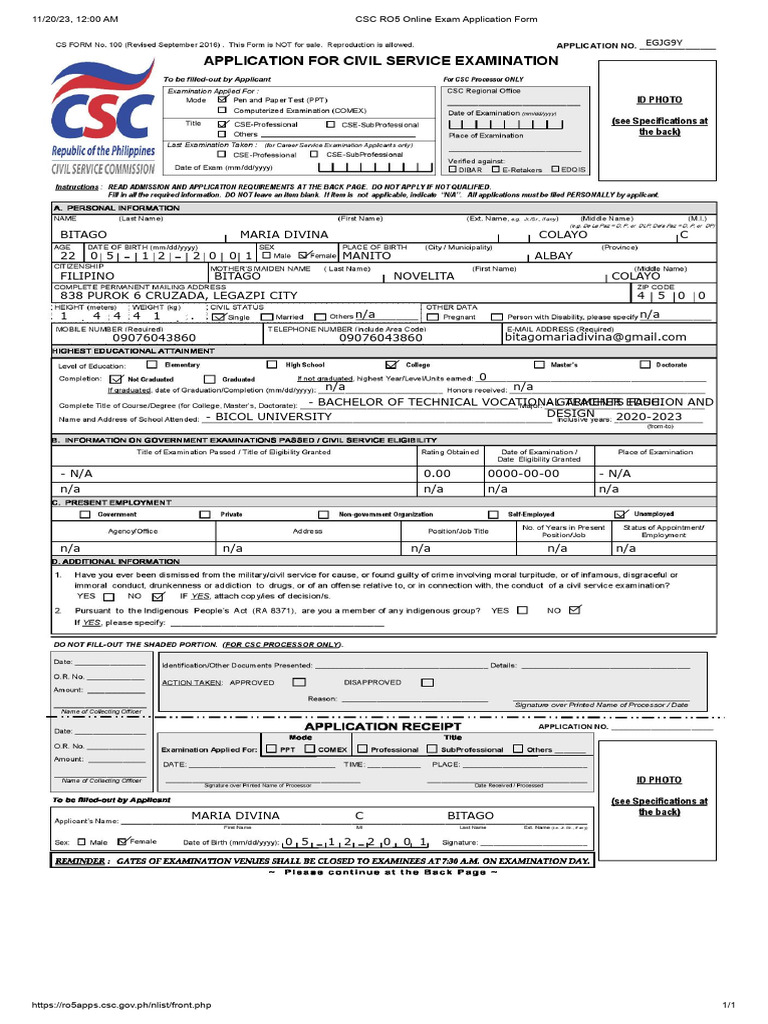 CSC RO5 Online Exam Application Form | PDF