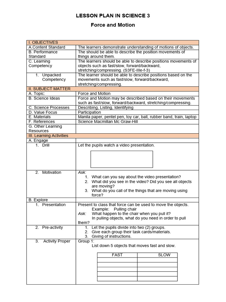 Lesson Plan in Science 3 | PDF | Force | Learning