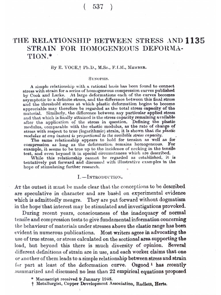 The Relationship Between Stress and Strain For Homogeneous Deformations ...