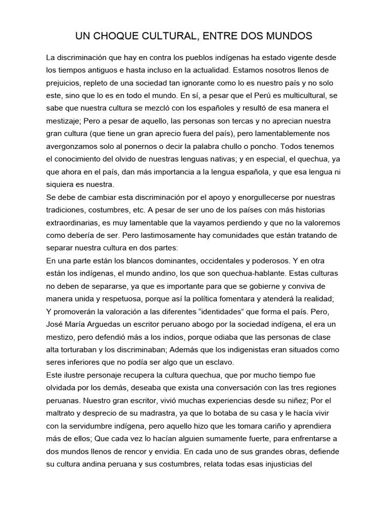 Choque Cultural y José María Arguedas | PDF | Perú | Multiculturalismo
