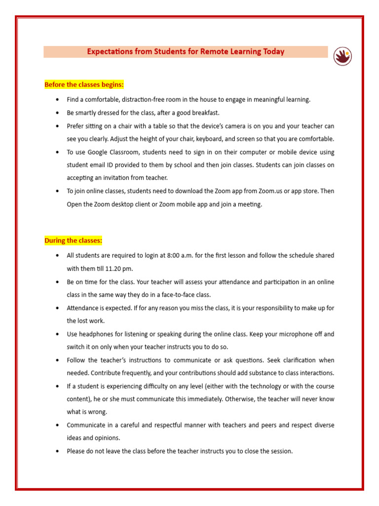 Expectations From Students For Remote Learning Today | PDF