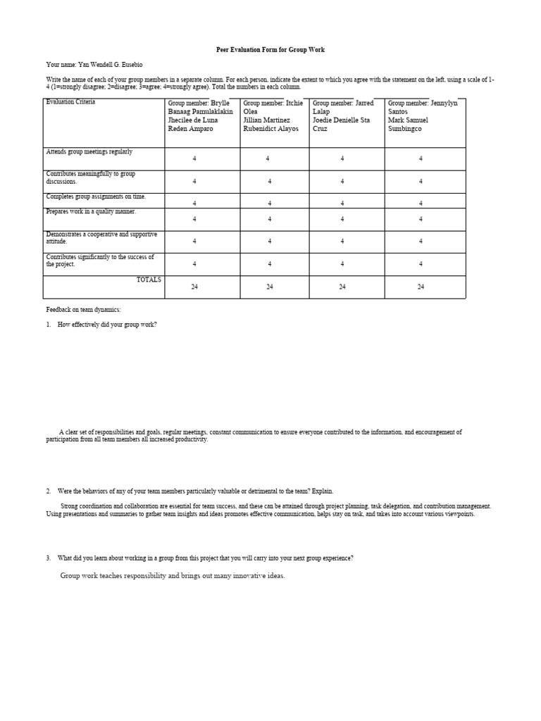 Peer Evaluation Group Work | Download Free PDF | Behavioural Sciences ...