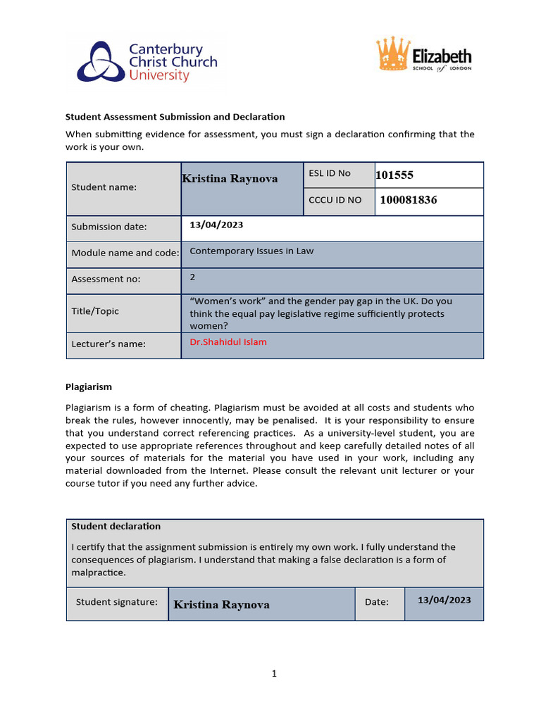 Law Assignment 2 Template 27feb Kristina - Raynova | PDF | Gender Pay ...