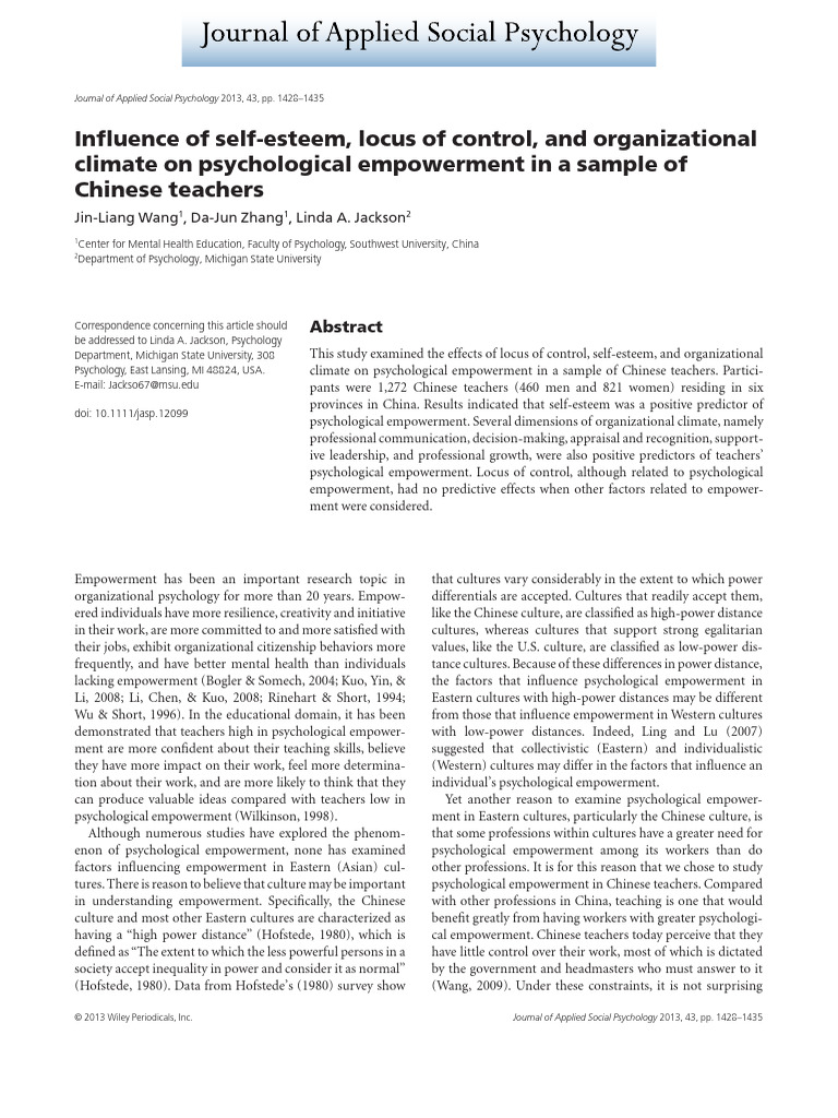 Influence of Self-Esteem, Locus of Control, and Organizational Climate ...