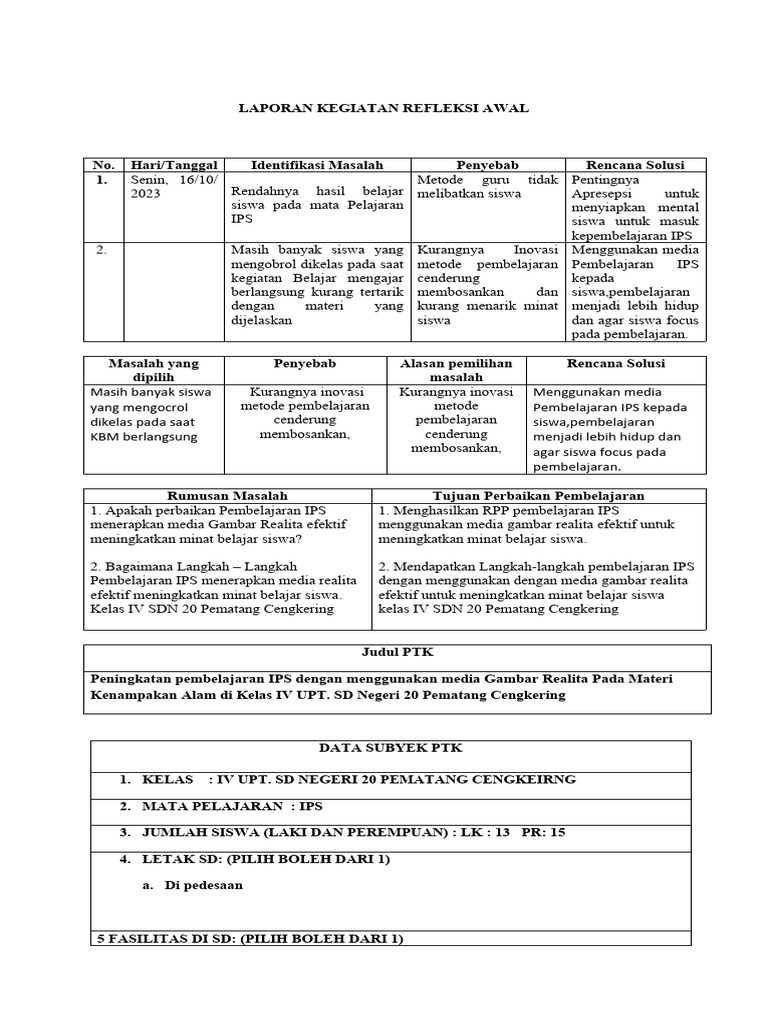 Lap. Kegiatan Refleksi Awal Pada PKP | PDF