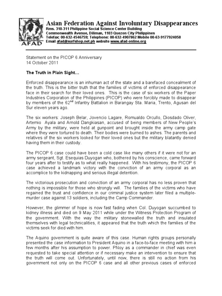 AFAD Statement On The 11th Anniversary of PICOP 6 | PDF | Crime ...