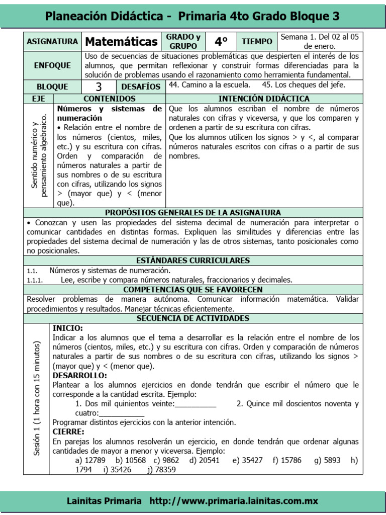 Plan 4to Grado - Bloque 3 Matemáticas (2016-2017) | PDF | Números | Multiplicación