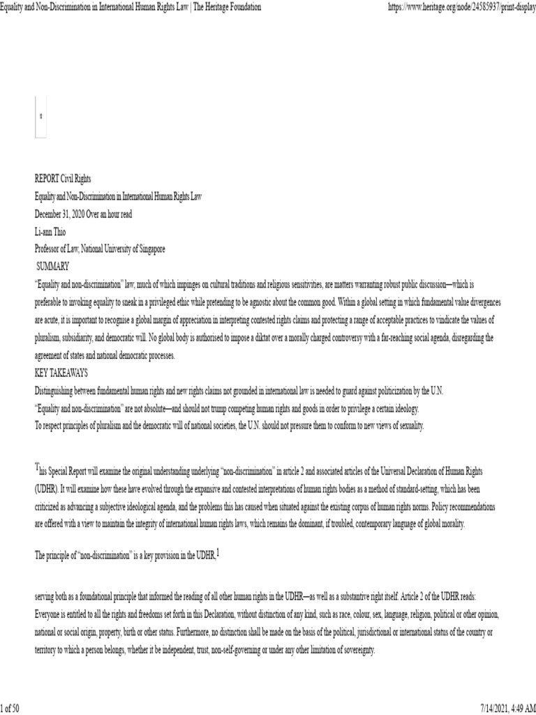 Equality and Non-Discrimination in International Human Rights Law - The ...