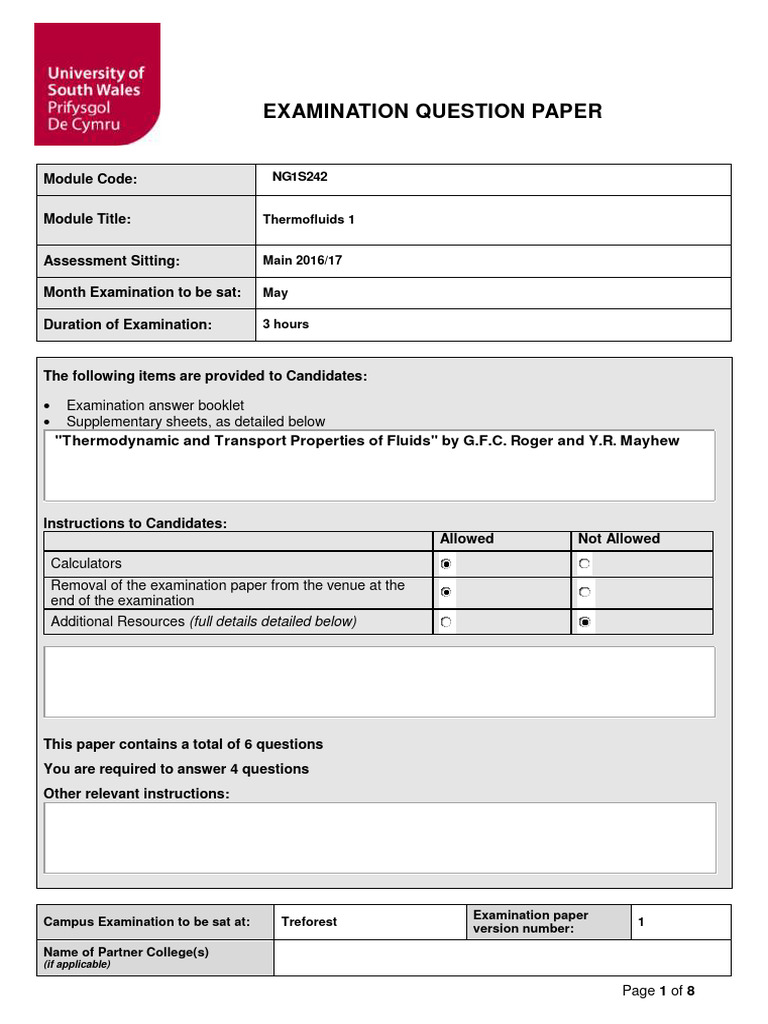 Thermo Exam Paper 2016-17 | PDF | Pressure | Pressure Measurement