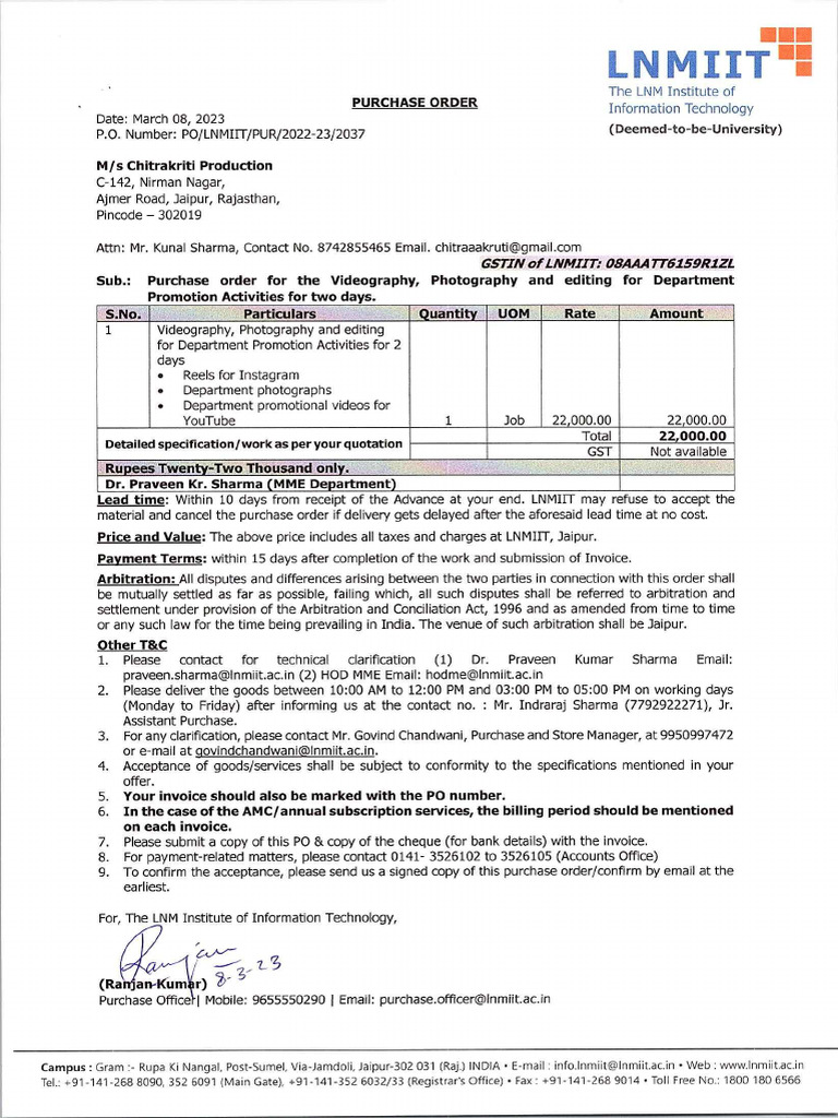 2037 - Chitrakriti Production PO For Videography, Photography and ...