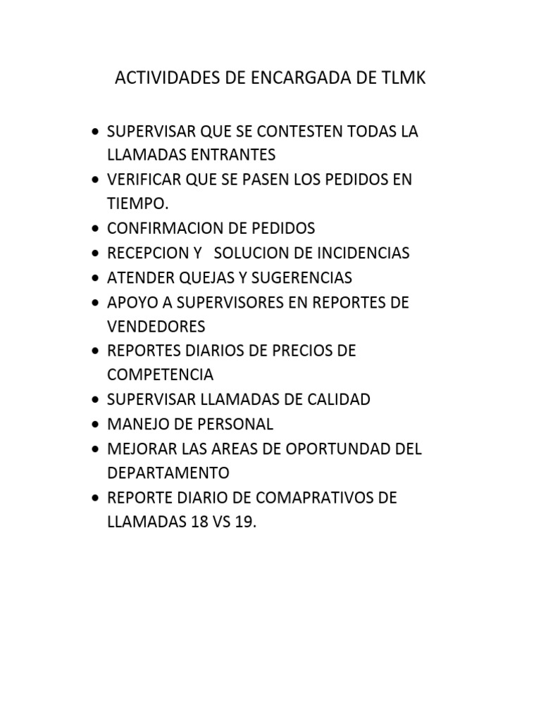 Actividades Encargada de TLMK | PDF
