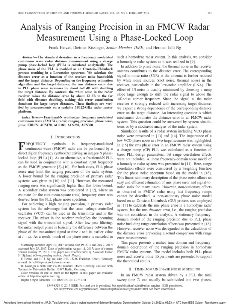 Analysis of Ranging Precision in An FMCW Radar Measurement Using A Phase-Locked Loop | PDF ...