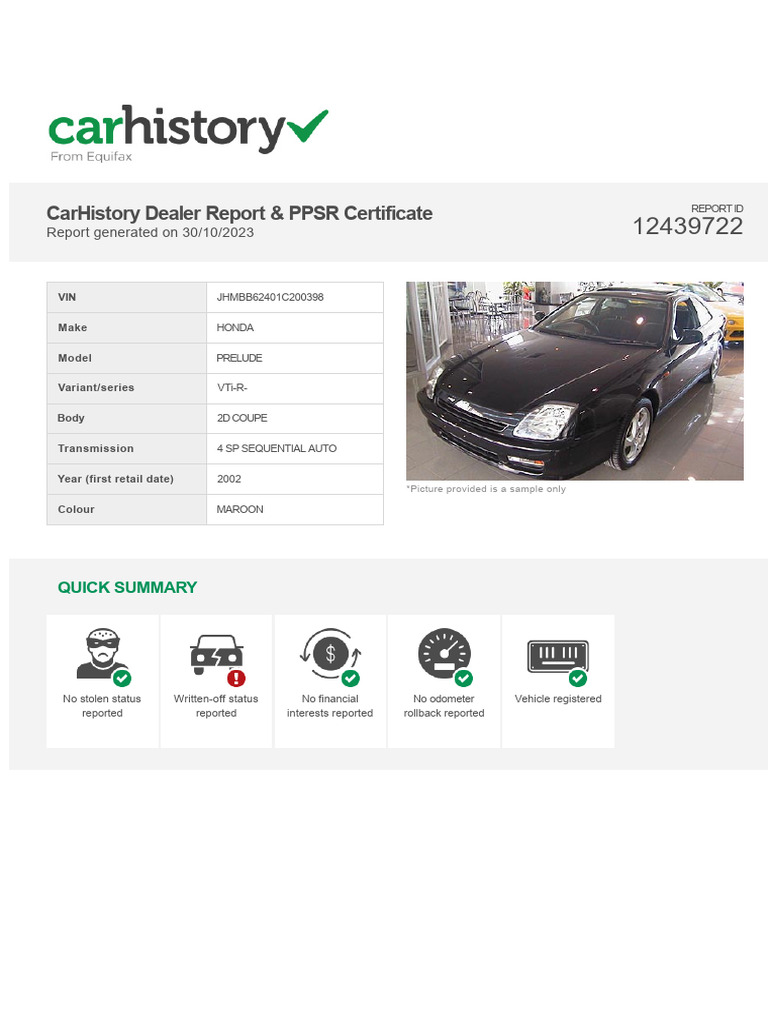 Carhistory Dealer Report & PPSR Certificate | Download Free PDF ...
