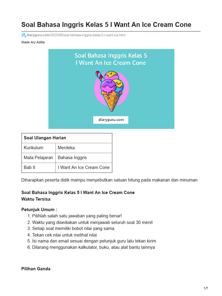 Soal Bahasa Inggris Kelas 5 I Want An Ice Cream Cone | PDF | Ice Cream ...