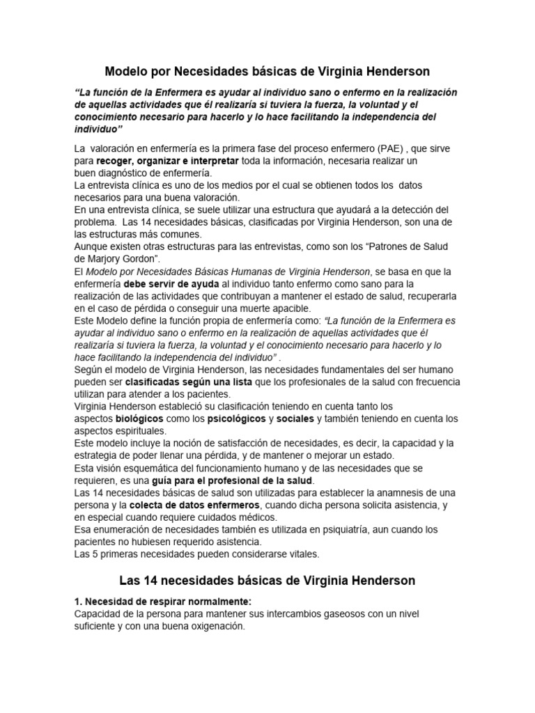 Modelo Por Necesidades Básicas de Virginia Henderson | PDF | Enfermería ...
