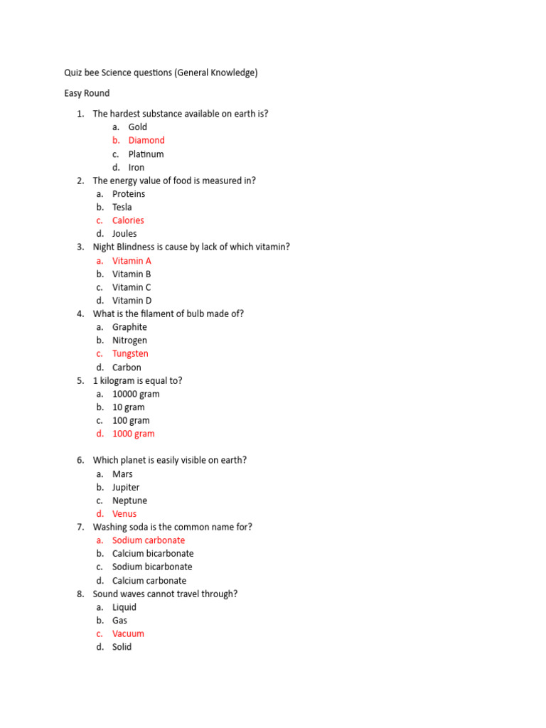 Quiz Bee Science Questions | PDF | Incandescent Light Bulb | Acid