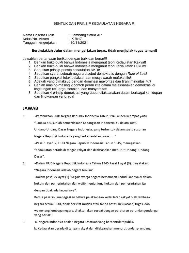 Bentuk Dan Prinsip Kedaulatan Negara Ri Pdf 