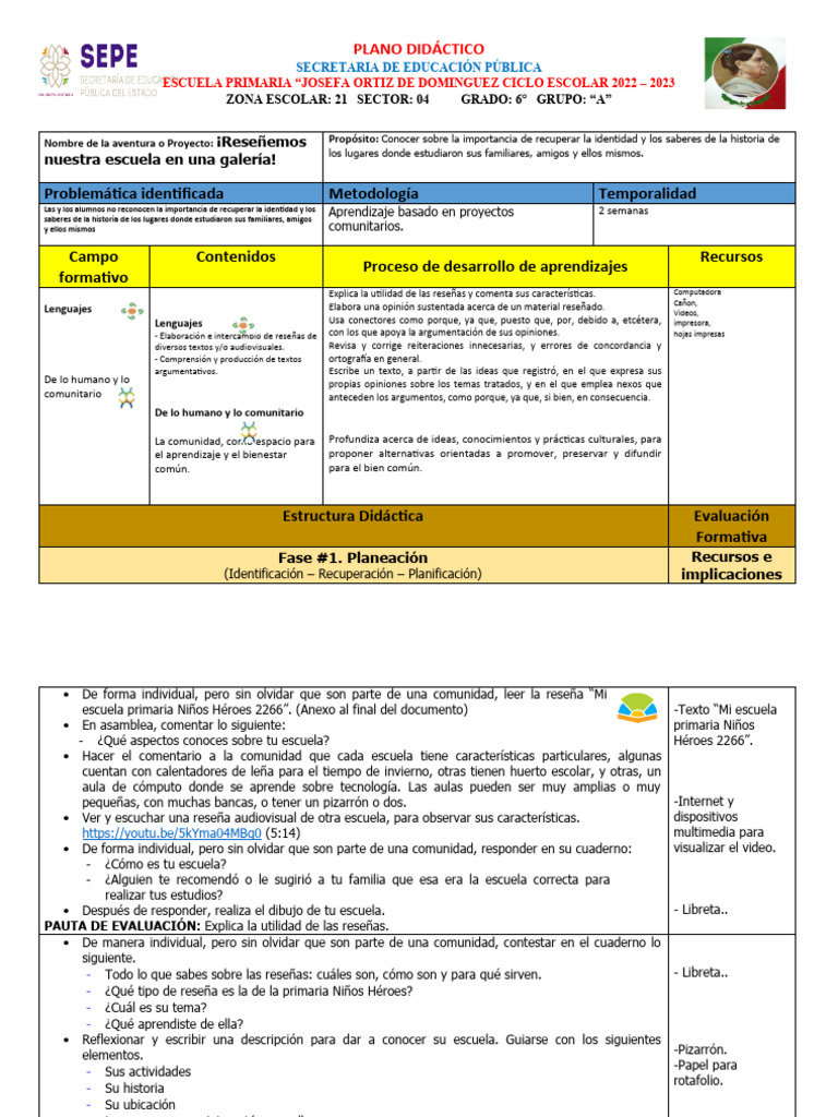 PLANO DIDÁCTICO 6° Reseñemos Nuestra Escuela en Una Galeria Seman de 16 Al 27 de Octubre | PDF ...