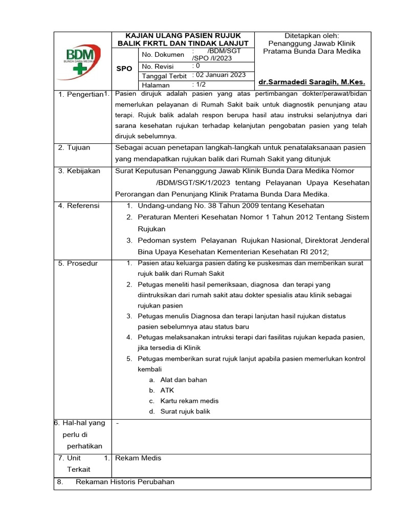Spo Kajian Ulang Pasien Rujuk Balik FKRTL Dan Tindak Lanjut | PDF