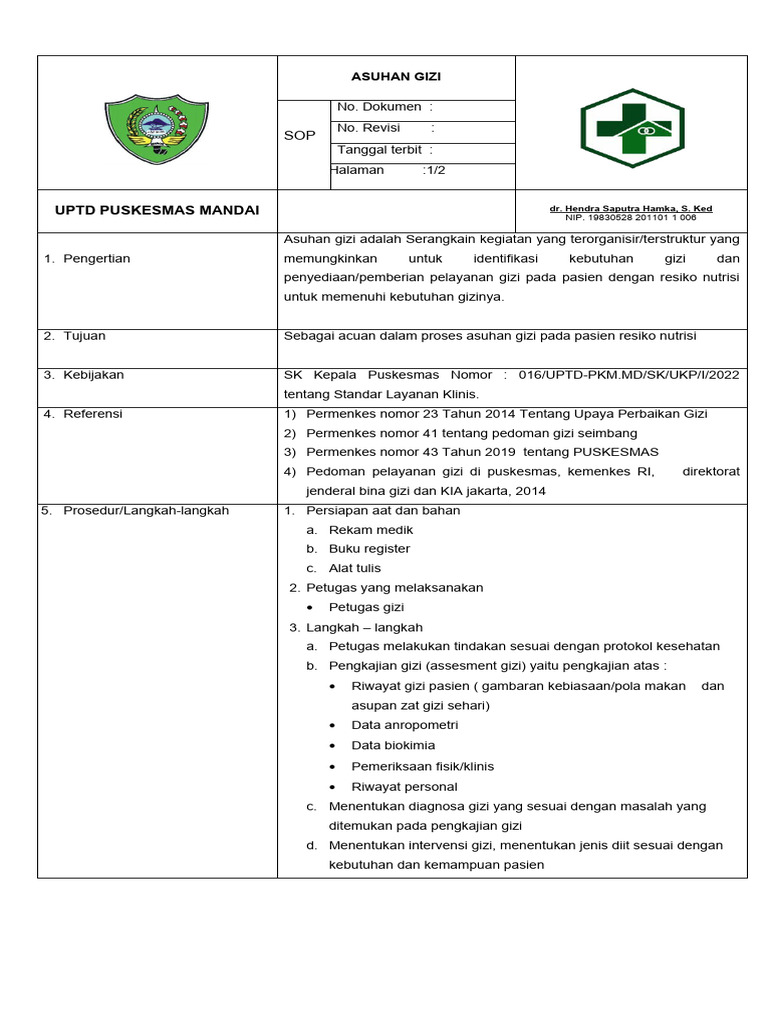 BAB 7-7.9.3 Sop Asuhan Gizi | PDF