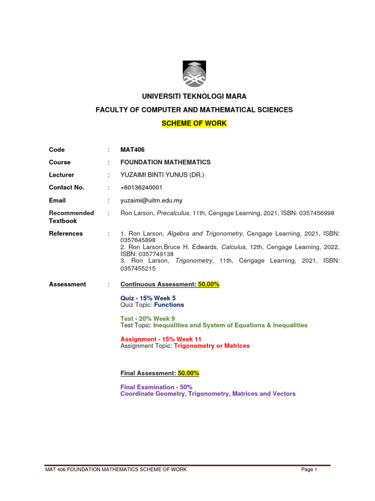 MAT406 Foundation Math Syllabus | PDF | Equations | Quadratic Equation