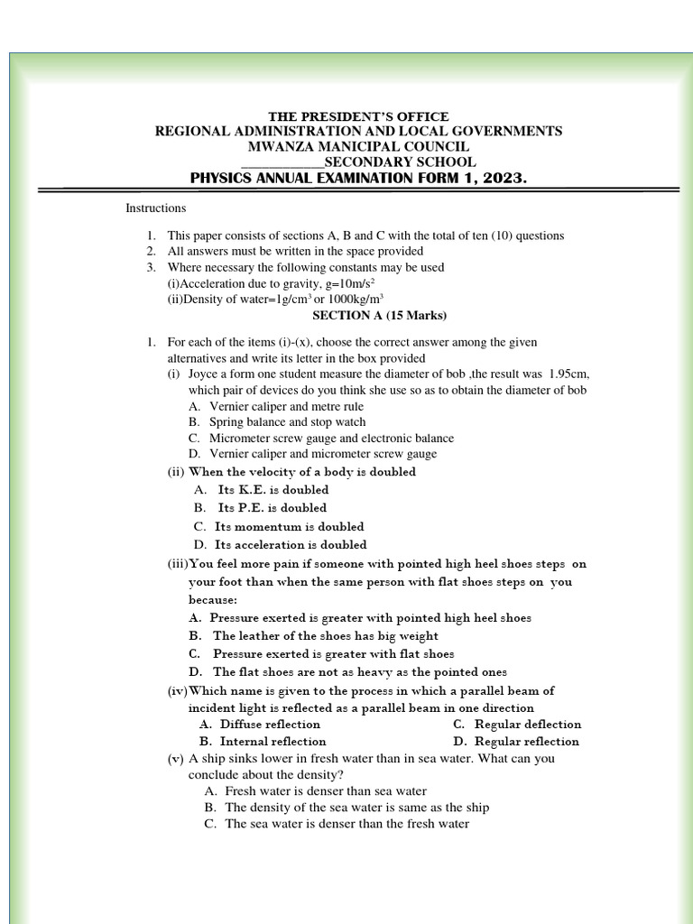 Form 1 Physics Annual Exam 2023 | PDF | Density | Weight