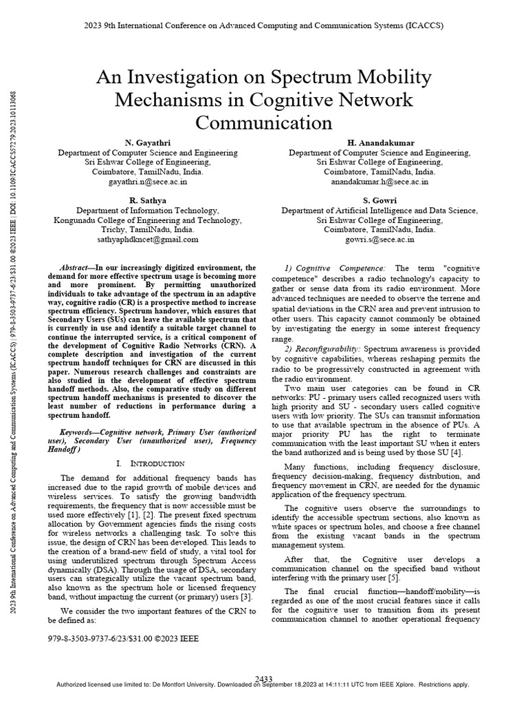 An Investigation On Spectrum Mobility Mechanisms in Cognitive Network Communication | PDF ...