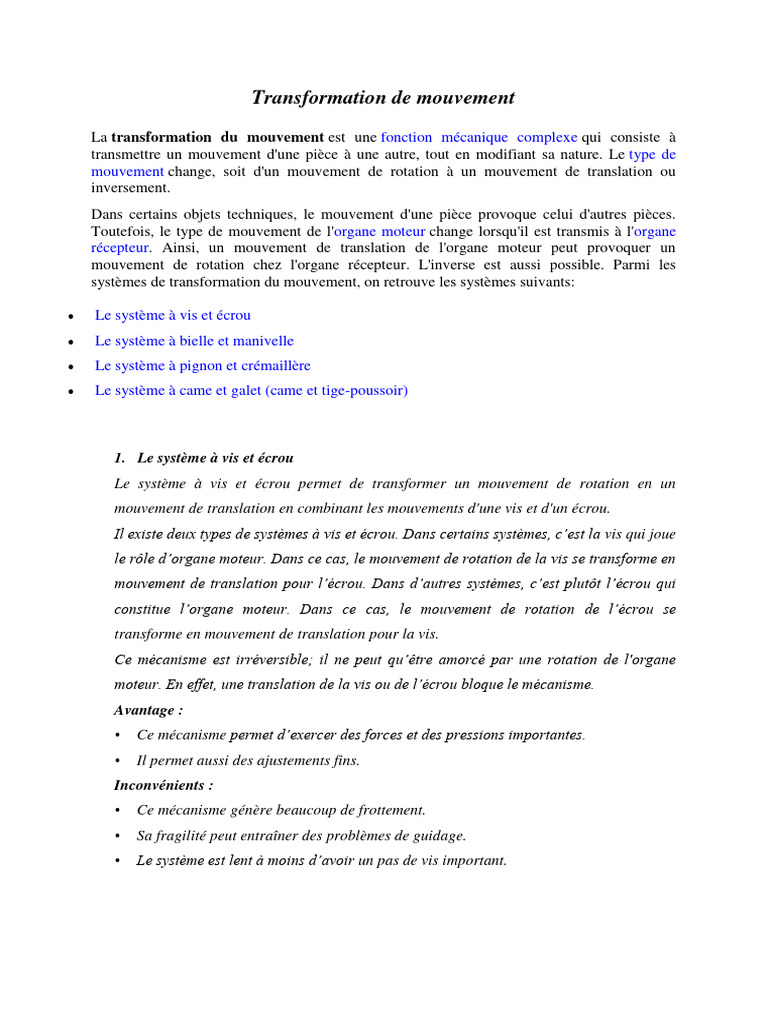 Mécanismes de transformation du mouvement | PDF | Piston | Engrenage