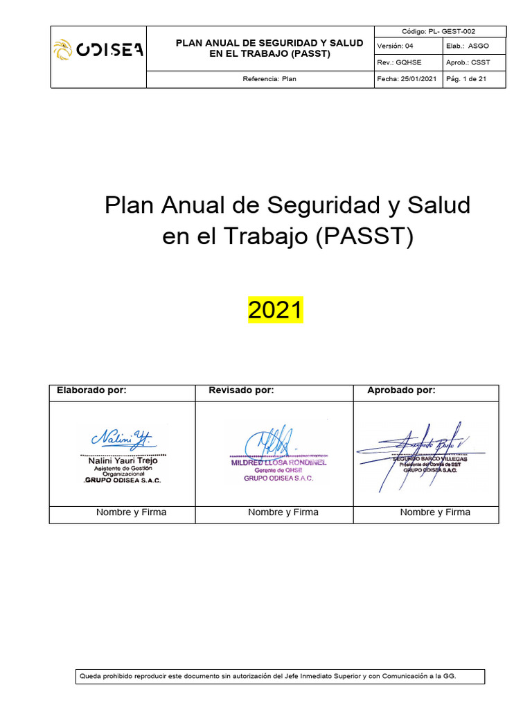 PL-GEST-002 Plan Anual de Seguridad y Salud en El Trabajo - 2021 V4 | PDF | Seguridad y salud ...