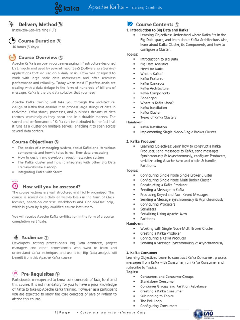 Apache KAFKA - Training Contents - 5 Days | PDF | Apache Spark | Apache Hadoop