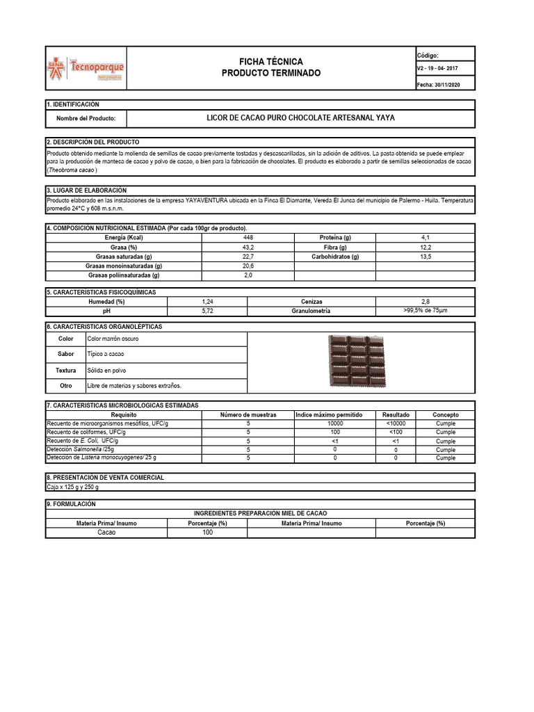 Ficha Tecnica Licor de Cacao Yaya TRL 8 2 | PDF | Chocolate | Cocina ...