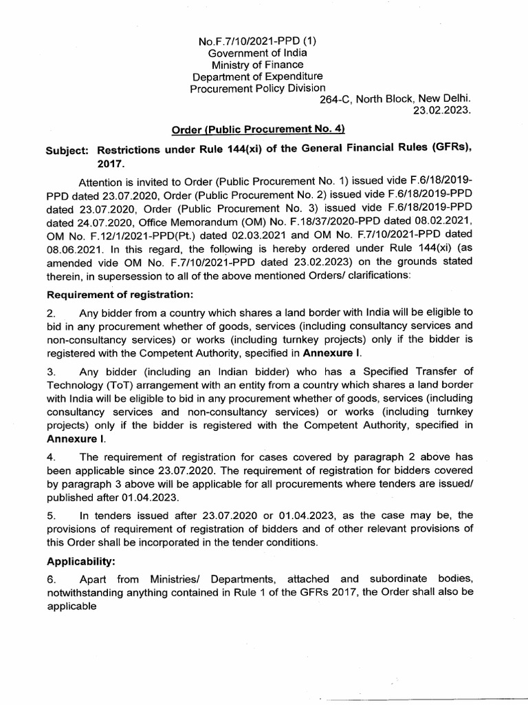 Order (Public Procurement No. 4) - Restrictions Under Rule 144 (Xi) of ...