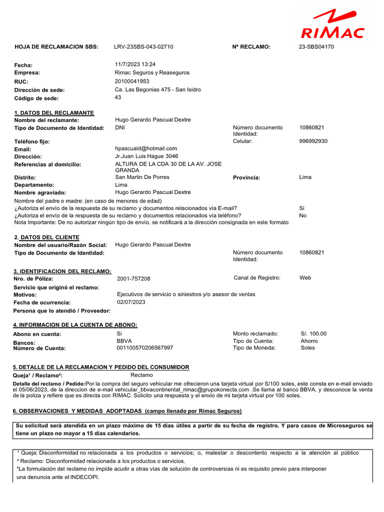Reclamo Rimac | PDF | Seguro | Reaseguro