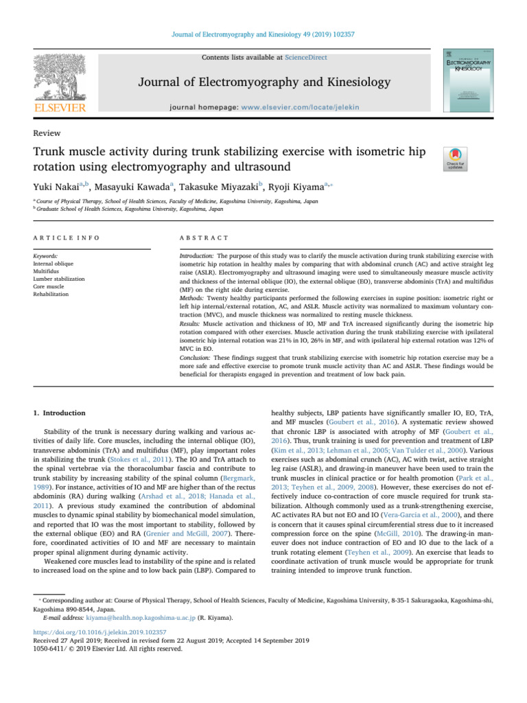 Trunk Muscle Activity During Trunk Stabilizing Exercise With Isometric ...