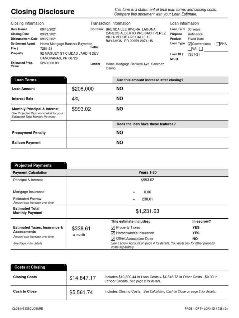 Loan Closing Disclosure Summary | PDF | Loans | Refinancing