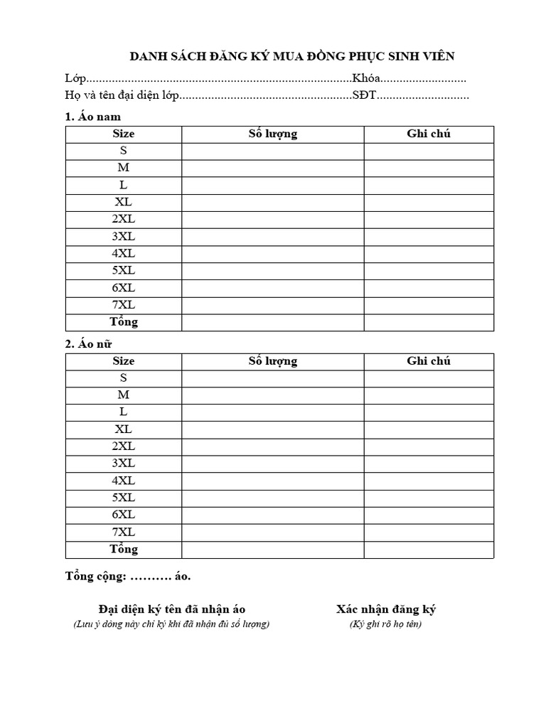 (Mau) Danh Sách Đăng Ký Mua Đ NG PH C Sinh Viên | PDF