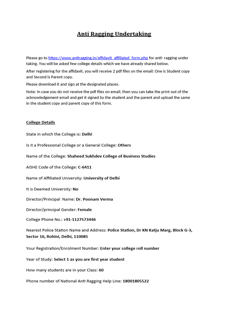 Anti Ragging Undertaking Instructions | PDF | Business | Finance ...