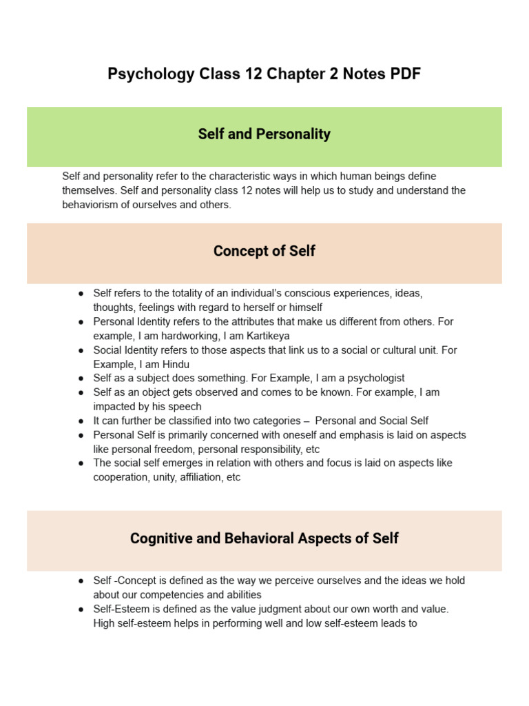 Psychology Class 12 Chapter 2 Notes PDF | PDF | Id | Self Esteem