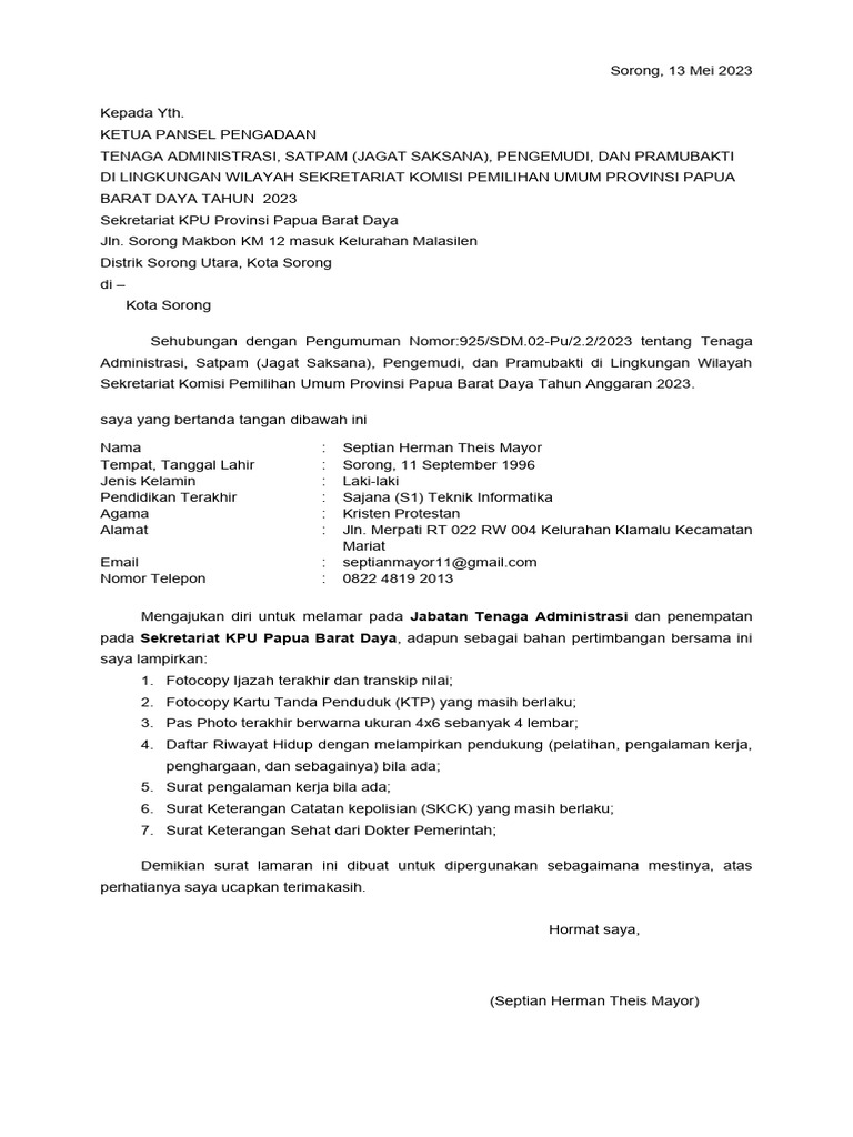 Surat Lamaran KPU Papua Barat Daya | PDF Surat Lamaran KPU Papua Barat Daya | PDF