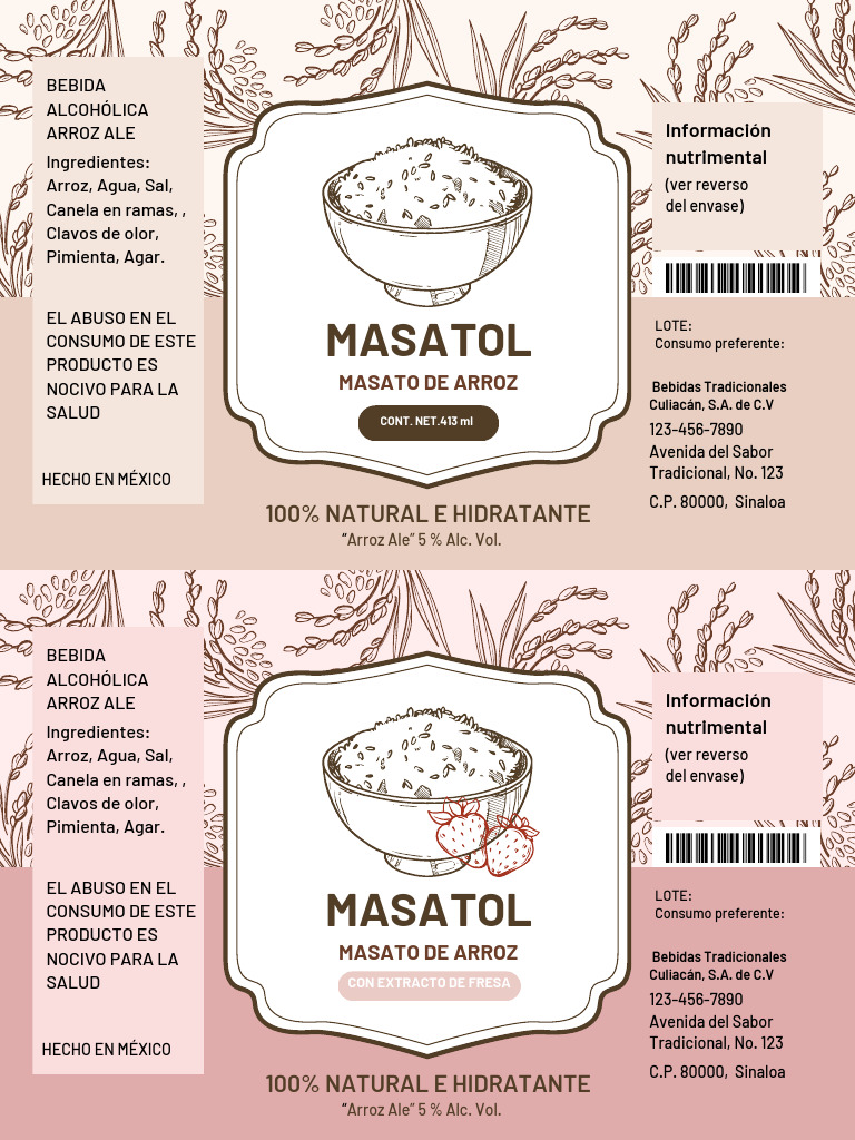 Etiqueta Masato de Arroz | PDF | Preparación de comida y bebida | Nutrición