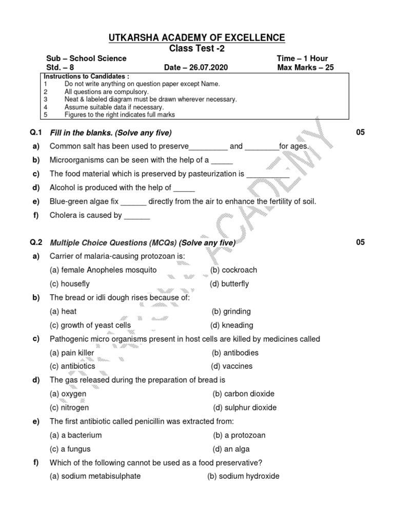 School Science Class Test - 2 | PDF | Microorganism | Pathogen