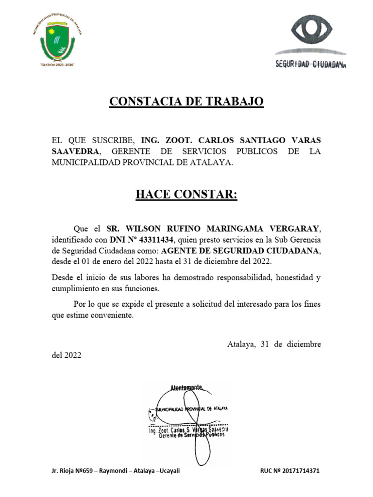 Constacia de Trabajo | PDF