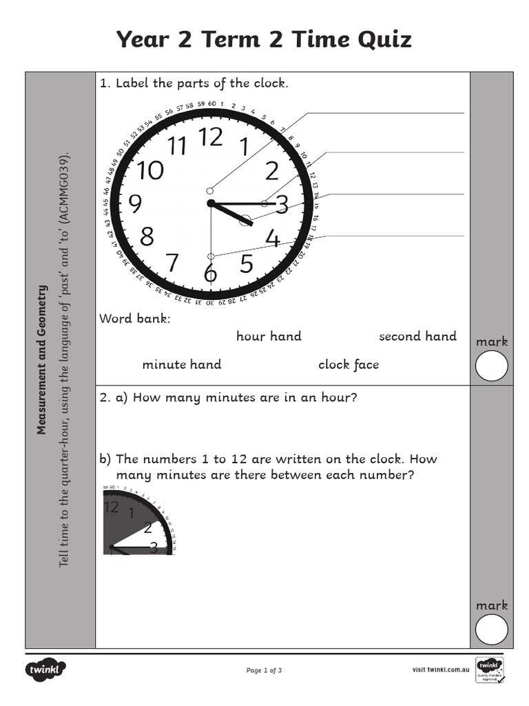 Au N 2548630 Year 2 Time Assessment Sheet English | PDF | Clock | Hour