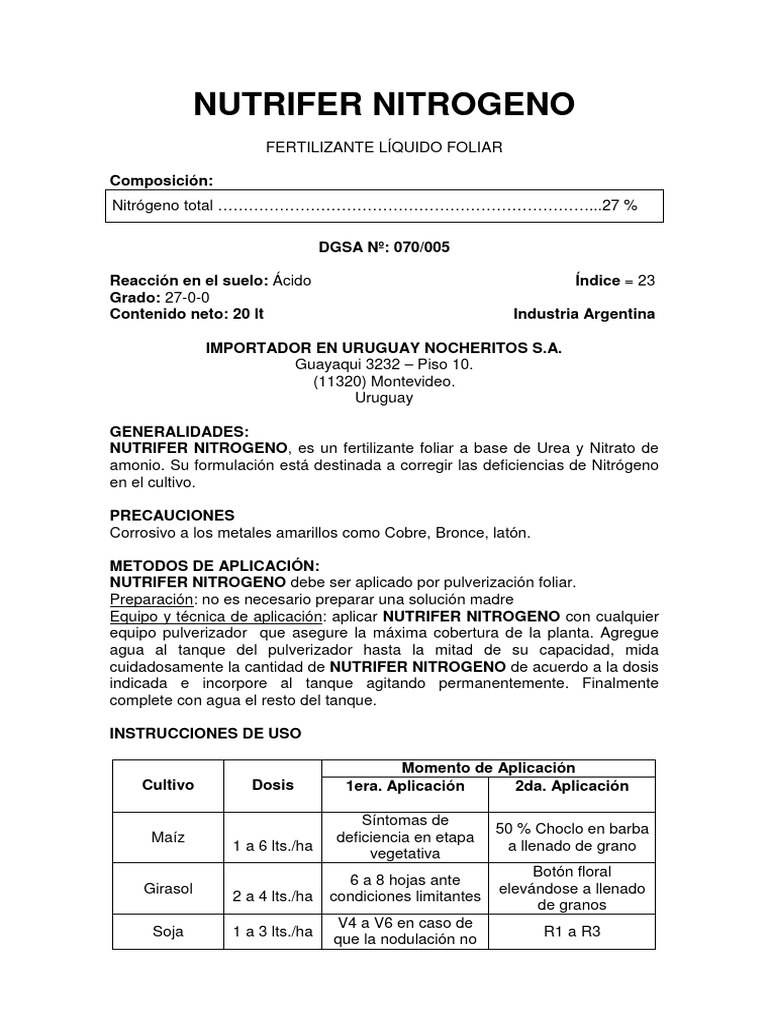 Fertilizante Líquido Foliar Nutrifer Nitrógeno | PDF | Fertilizante ...