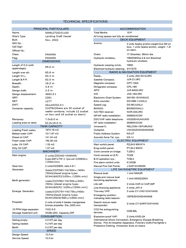 Panama Landing Craft Vessel Specs | PDF | Anchor | Ships