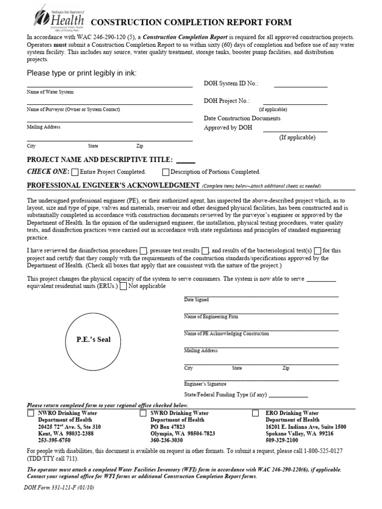 Construction Completion Report Form: Please Type or Print Legibly in ...