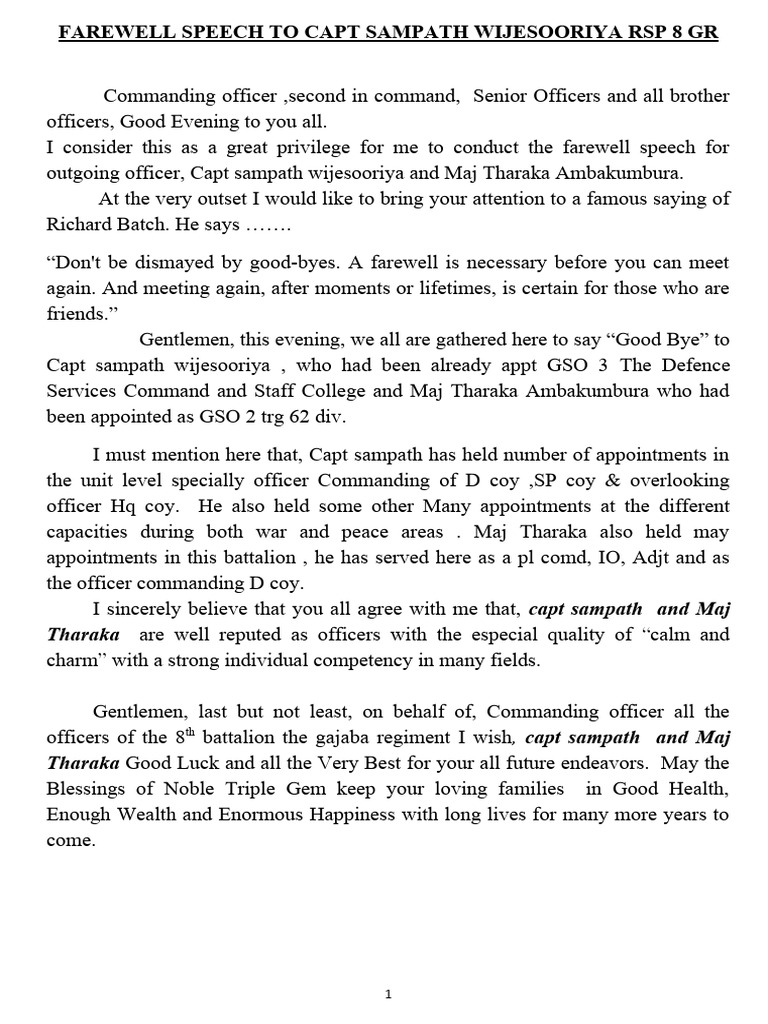 Adjt Farewell Speech - Capt Sampath | PDF