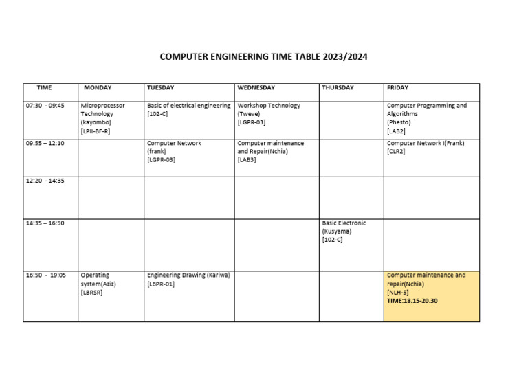 Computer Engineering Time Table 2023 | PDF